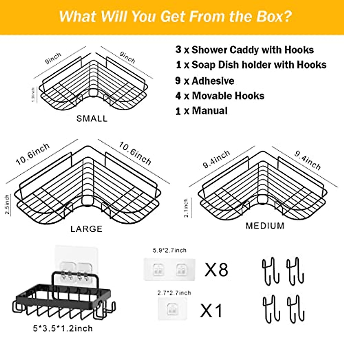 KOPORASION Corner Shower Caddy, Shower Shelves Basket Rack with Adhesive Hooks and Soap Dish,RustProof Stainless Steel Shower Organzier for Bathroom Storage, Toilet,Kitchen (3 Pack)