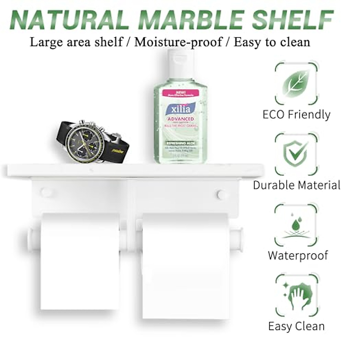 Toilet Paper Holder with Shelf，Wall Mounted Black Toilet Paper Holder，Marble Tissue Roll Holder for Bathroom Washroom, Marble Top Toilet Paper Holder Brushed Nickel