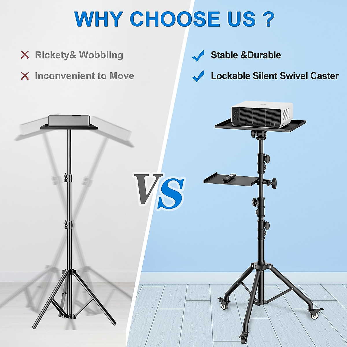 YoTilon Projector Stand Tripod From 28'' to 56'',Laptop Tripod Stand With Wheels and 2 Shelves, Rolling Projector Stand for Outside, Projector, DJ equipment, Sheet Music, Cell Phone.