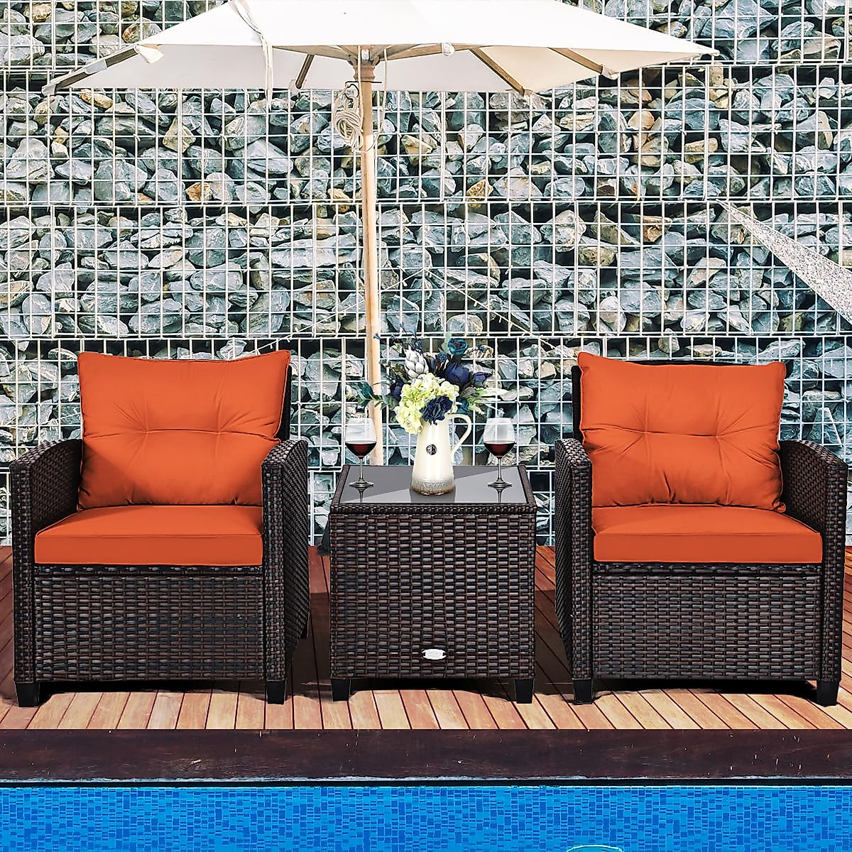 RELAX4LIFE 3 Piece Patio Furniture Set, Wicker Bistro Conversation Set w/2 Cushioned Armchairs & Glass Topped Table, Outdoor Rattan Sofa Set Patio Furniture for Porch Balcony Poolside (Orange)