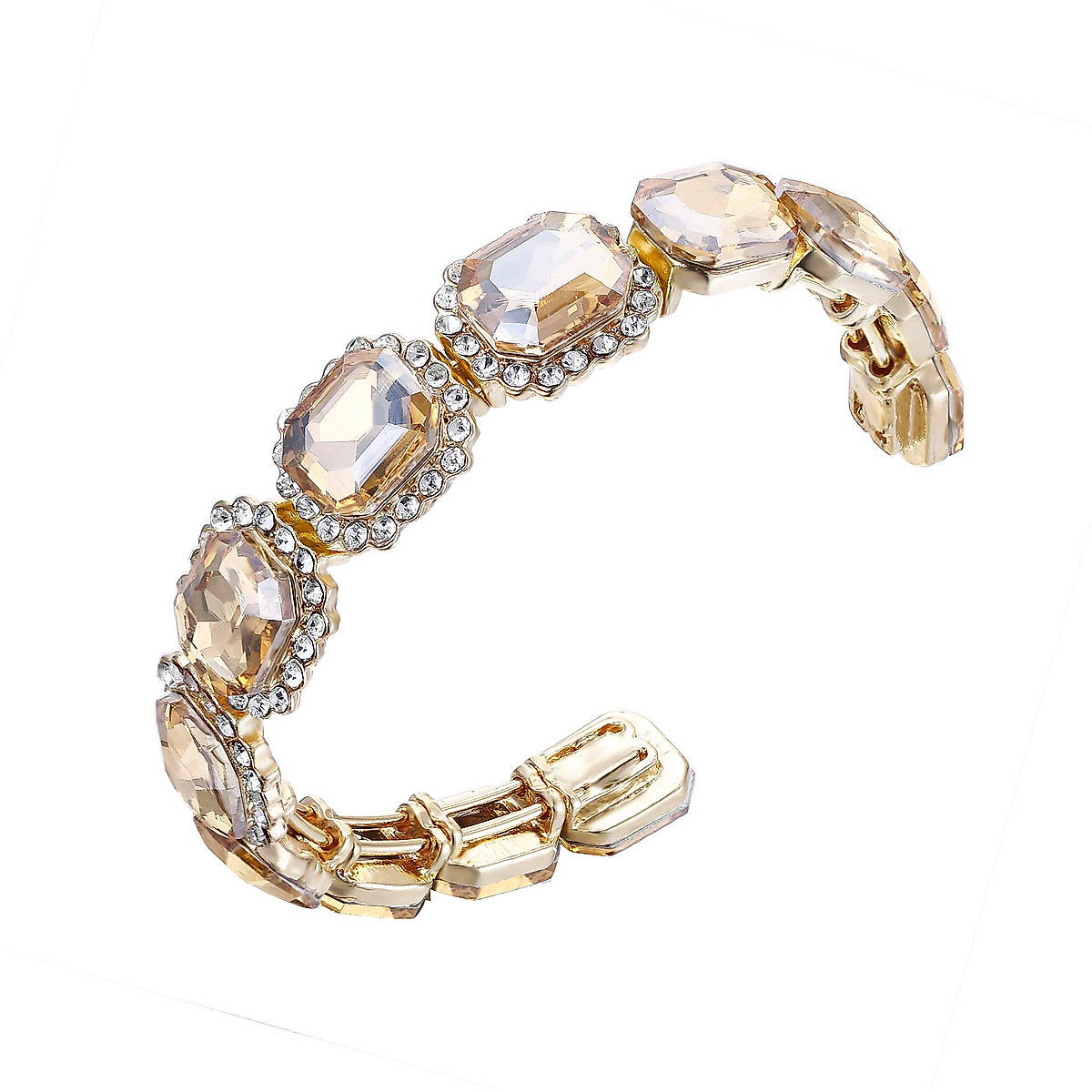 BriLove Wedding Bridal Bangle Bracelet for Women Multi Emerald Cut Crystal Open Stretch Bracelets Champagne Gold-Tone