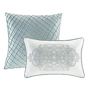 Madison Park Lavine Cozy Bed in a Bag Comforter Set, Traditional Luxe Jacquard Design All Season Down Alternative Bedding with Cotton Bed Sheets, Bed Skirt & Pillows, Queen Blue 12 Piece