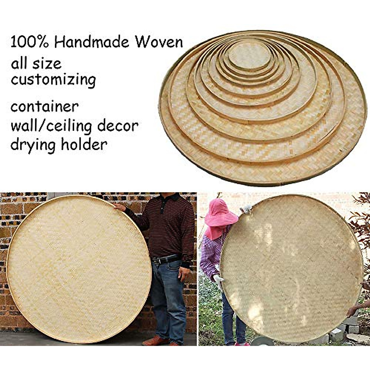 TimesFriend 100% Handwoven Flat Wicker Round Fruit Basket Woven Food Storage Weaved Shallow Tray Organizer Holder Bowl Decorative Rack Display Kids DIY Drawing Board (50cm/20,42cm/17,36cm/14,30cm/12)