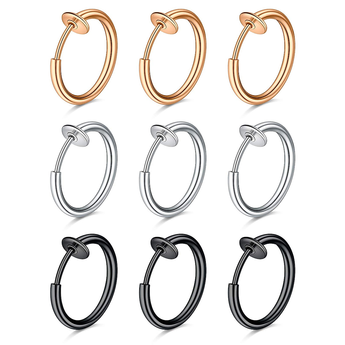 D.Bella Fake Nose Rings Hoop Clip on Spring Fake Hoop Earring Stainless Steel Retractable Faux Helix Cartilage Ear Lobe Conch Earrings Fake Nose Lip Ear Piercing Jewelry for Women Men