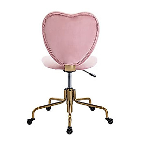 Adjustable Swivel Desk Chair with Wheels, Pink Velvet Upholstered Cute Home Office Desk Chair Vanity Task Chair with Heart Back