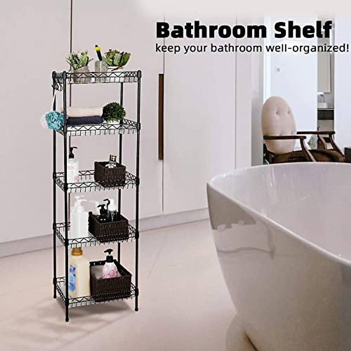 Guangfoshun Storage Shelves, 5-Tier Wire Shelving Unit with Baskets Storage Rack Corner Shelf Shelving Adjustable Storage Shelf, 11.8" D x 15.7" W x 63" H, Black