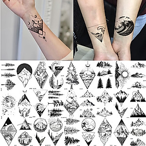 GOROMON 52 Sheets Small Black Mountain Temporary Tattoos For Men Women Adult, Geometric Sea Weave Forest Pine Tree Realistic Tattoo Sticker For Kids Children, Moon Sun Star Triangle Tatoos Outer Space