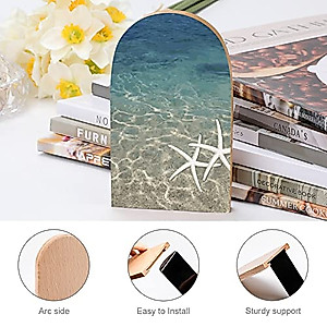 2 Pack Wood Bookends,Summer Beach Tropical Blue Ocean Starfish Decorative Book Ends Support for Shelves Desktop Organizer Wooden Bookshelf for Home School Office