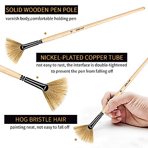 Artist Fan Paint Brush Set of 6, Hog Bristle Natural Hair Anti-Shedding Brush Tips, Long Wooden Handle for Comfortable Holding, Great for Acrylic Watercolor Oil Painting