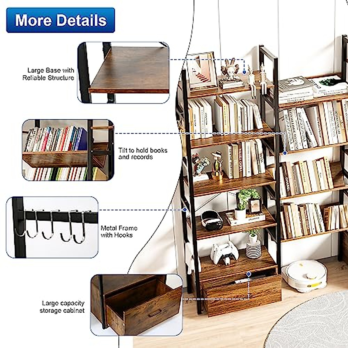HSSZXFR Triple Wide Bookshelf 5-Tier with 2 Drawers, Industrial Bookshelves Sturdy Wood and Metal, Bookcase Spacious for Display and Storage, Large Display Rack for Home Office