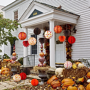 Retisee 18 Pcs Thanksgiving Party Decoration Fall Paper Lanterns Autumn Maple Leaves Paper Fans Round Honeycomb Orange Brown Lanterns Thanksgiving Hanging Decoration for Fall Harvest Party Supplies