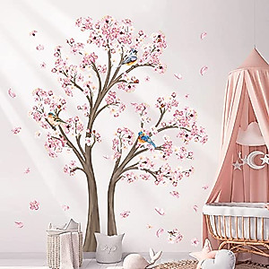 decalmile Large Cherry Blossom Tree Wall Decals Pink Flower Tree Branch Wall Stickers Living Room Bedroom Baby Nursery Wall Decor (Tree H: 67 Inch)