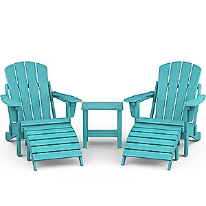 SERWALL 5-Piece Adirondack Chair and Ottoman and Table Set, Weather Resistant Adjustable Backrest Adirondack Chair with Ottoman and Side Table, Adirondack Chair for Backyard, Garden, Deck, Cyan Blue