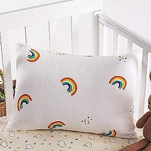 QSTEHEML Toddler Pillow with Muslin Cotton Pillowcase, Soft Breathable Kids Pillows for Sleeping and Traveling, 13 ×18 Small Baby Bed Pillows for Cribs, Cots, Rainbow
