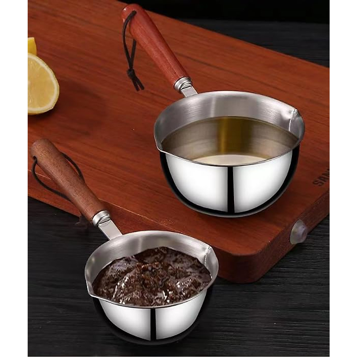Mini Milk Warmer Pot Stainless Steel Milk Warmer for Coffee, Small Saucepan Heating Cookware Soup Wamer Pan with Heat Resistand Wooden Handle (300ml)