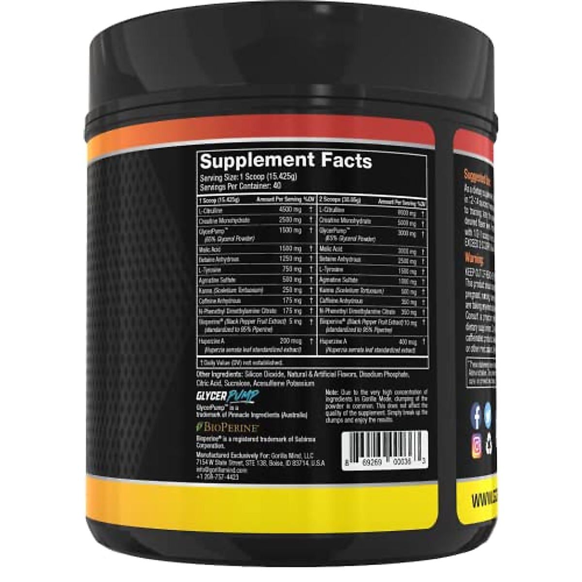 Gorilla Mode Pre Workout - Massive Pumps · Laser Focus · Energy · Power - L-Citrulline, Creatine, GlycerPump™, L-Tyrosine, Agmatine, Kanna, N-Phenethyl Dimethylamine Citrate - 574 Grams (Bombsicle)