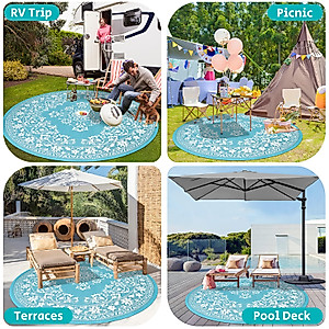 HEBE Round Outdoor Area Rug for Patios Clearance 6Ft Waterproof Mat Reversible Plastic Camping Door Mat, Circle Outside Carpet for RV, Camper,Porch,Deck,Balcony,Backyard