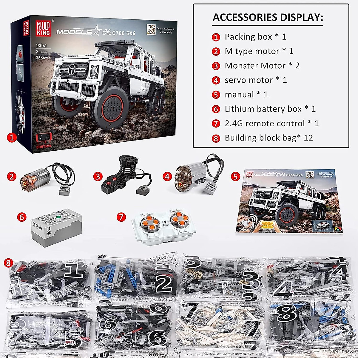Mould King 13061 Off-Road Pickup Trucks Building Kits Toy, 6x6 MOC Building Blocks Model Off-Road Vehicle with Motor/APP Remote Control, Gift for Kids Age 8+/Adult Enthusiasts(3686 Pieces)