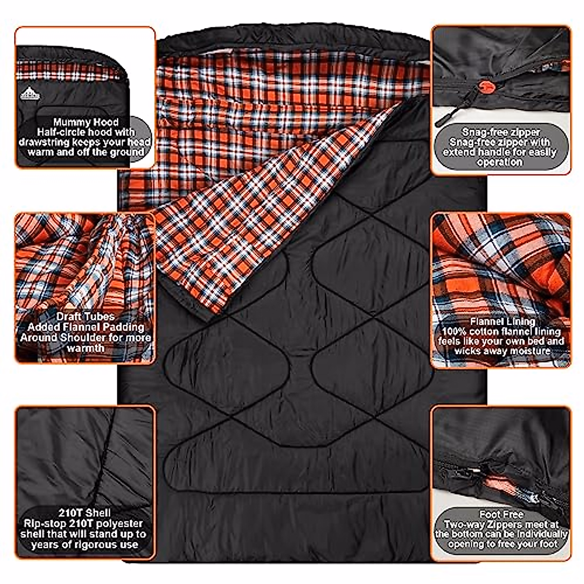 AGEMORE Cotton Flannel Double Sleeping Bags for Adults, 2 Person Waterproof Queen Size Sleeping Bag, Double Wide and Warm for Family or Couples Cold Weather Outdoor Camping or RV Traveling
