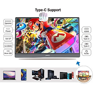Anmite Portable Gaming Monitor 15.6 Inch Mobile Computer Display External Display for Xbox PS4 Phone with Speakers Type-C USB-C HDMI IPS UHD 1080P LED Screen