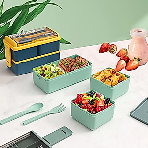 CHZZMS 2 Pack Bento Box Adult Lunch Box,49OZ Leakproof Eco-Friendly Stackable Bento Lunch Box Meal Prep for Dining Out, Work, Picnic, School (green+blue)