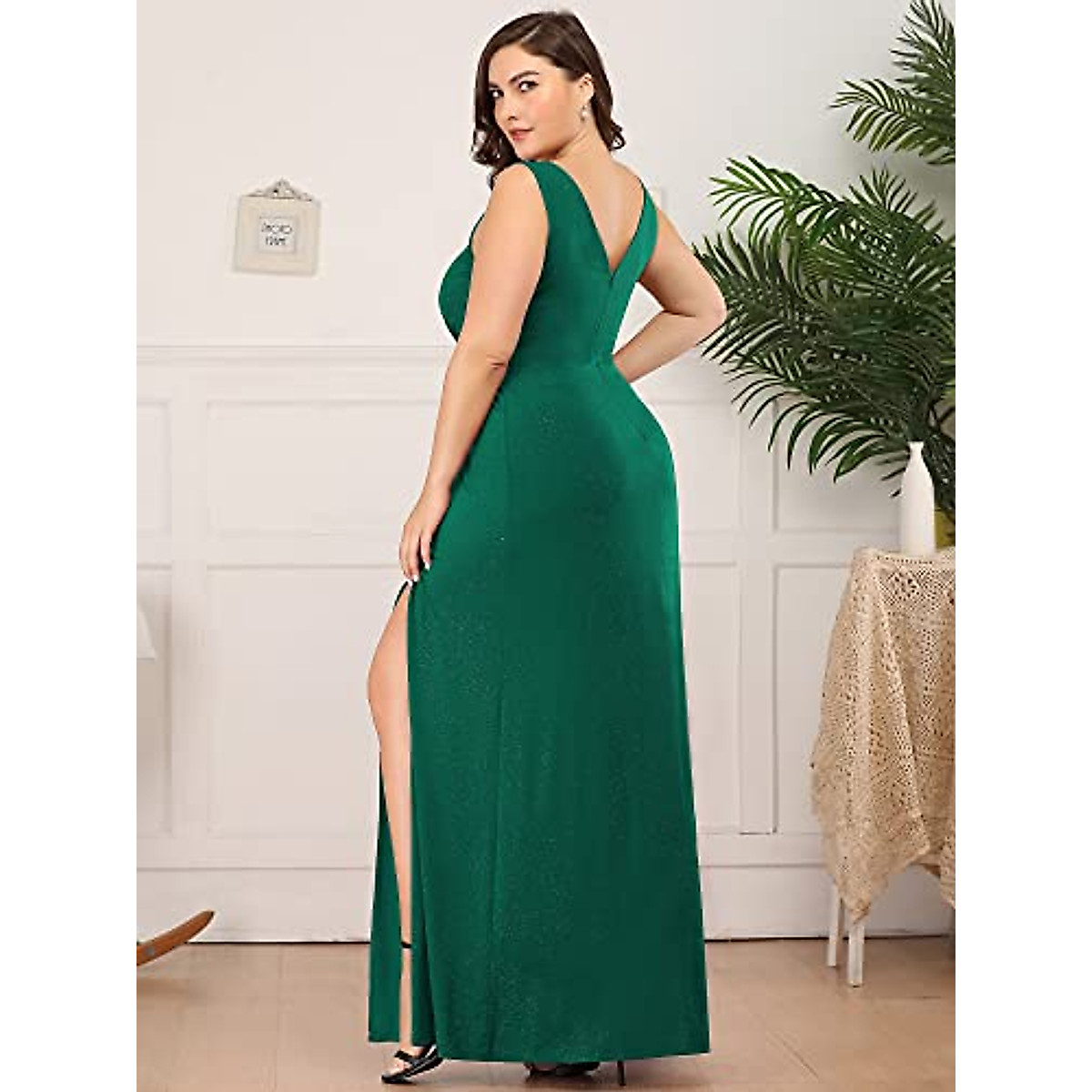 Ever-Pretty Summer V-Neck Side Slit Glitter Plus Size Summer Bridesmaid Dresses for Women Dark Green US18