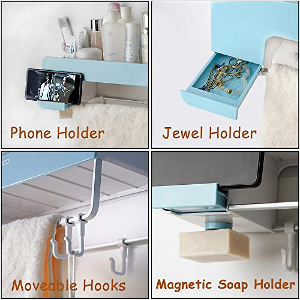 MORNITE Wall Bathroom Organizer Caddy Wall Shelves for Shower No Drilling,Adhesive Bathroom Restroom Shelf Storage Mirror Hanging,Blue