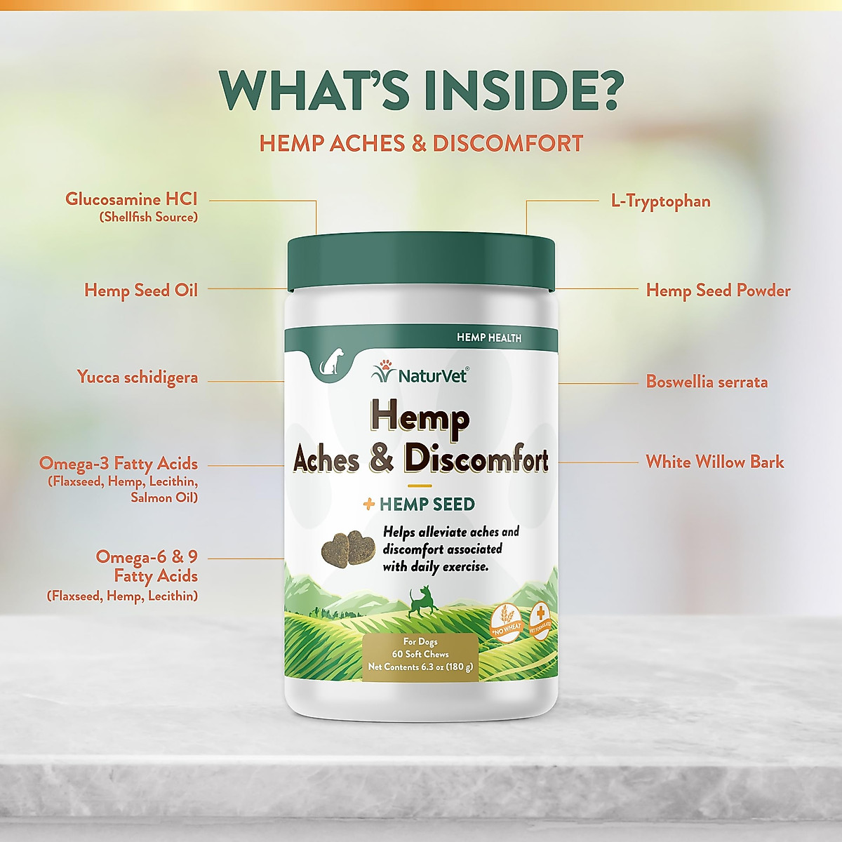 NaturVet Hemp Aches & Discomfort Plus Hemp Seed for Dogs, 60 ct Soft Chews, Made in The USA