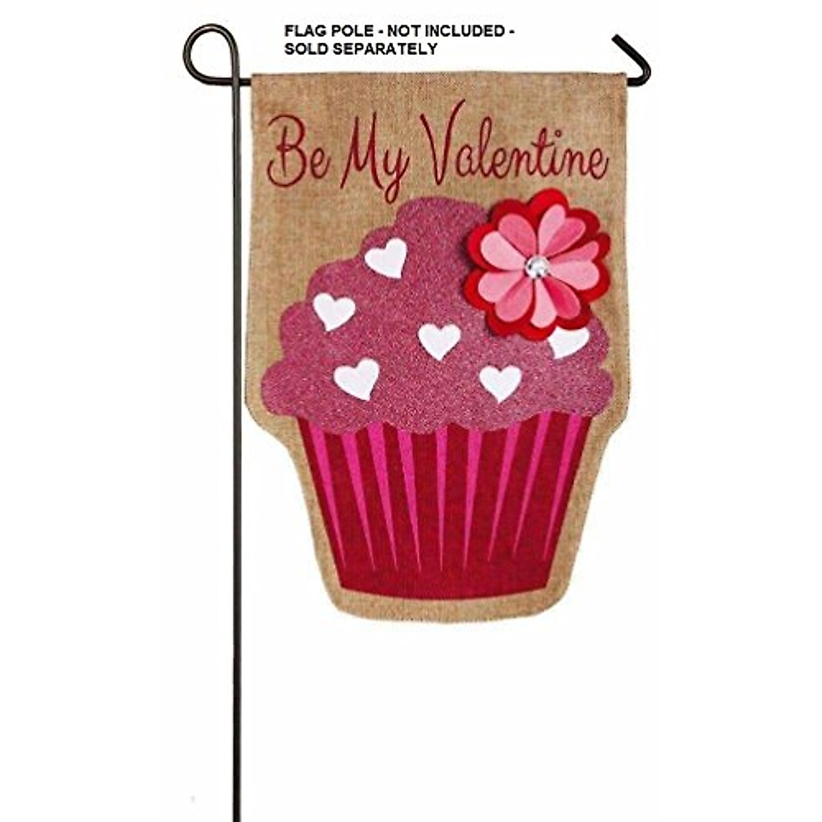 Happy Valentine's Day Garden Flag - Be My Valentine Burlap Flag – One Sided Yard Décor Decoration - Glitter Cupcake & Flower Applique Design - 12" x 17" size - by Jolly Jon