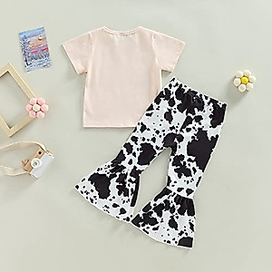 Western Baby Girl Clothes Letters Print Short Sleeve T-Shirt Tops Cow Print Flared Pants Set Bell Bottom Outfit (Beige, 2-3 Years)