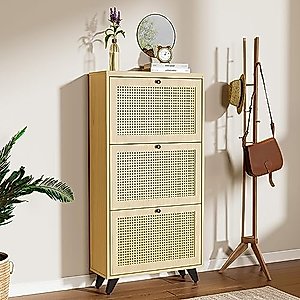 Cozy Castle Rattan Narrow Shoe Cabinet with 3 FILP Drawers, Freestanding Shoe Storage Organizer, Modern Shoe Organizer Cabinet for Entryway, Oak