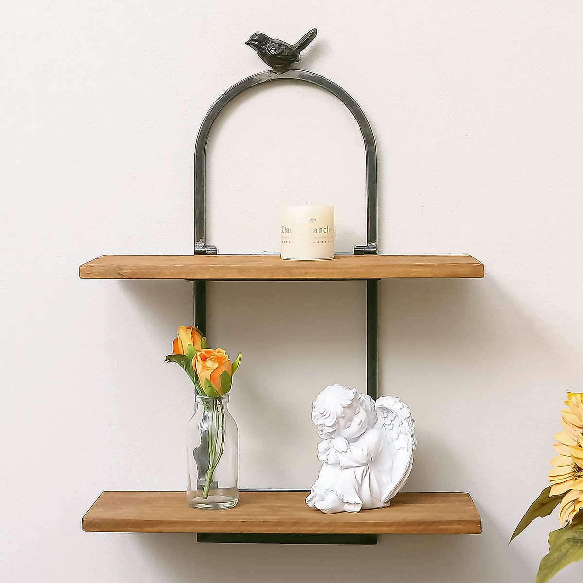 Synovana 2 Tier Decorative Industrial Floating Shelf Wall Storage Shelves Bird Decor Wall Mounted Shelf Foldable Hanging Metal Shelves Rack for Living Room Bedroom Bathroom