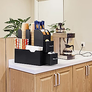 SZQINJI Coffee Condiment Organizer10-Compartment Breakroom Coffee Station Organizer Countertop Cup Storage with 2 Drawers Black