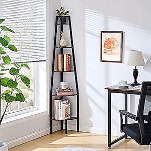Hoctieon Corner Shelf, Industrial 5-Tier Corner Bookshelf, Rustic Corner Ladder Shelf, Corner Bookcase for Small Spaces, Bedroom, Living Room, Home Office, Kitchen, Balcony, Rustic Brown
