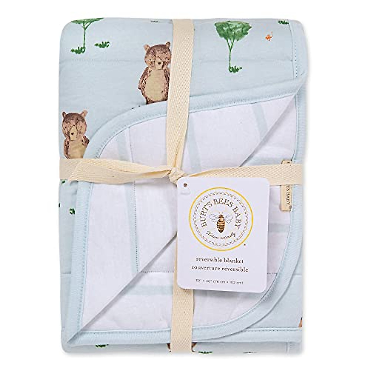 Burts Bees Baby Infant Reversible Blankets 100% Organic Cotton GOTS Certified - Storybook Bear Prints with Quilting Pattern Soft Nursery Blanket with 100% Polyester Fill for Size 30 x 40 Inch