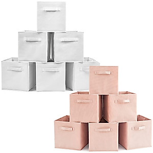 EZOWare Set of 12 Foldable Basket Bin Collapsible Storage Cube For Nursery, Kids Toys Organizer, Shelf Cabinet - ( Pale Dogwood + White )