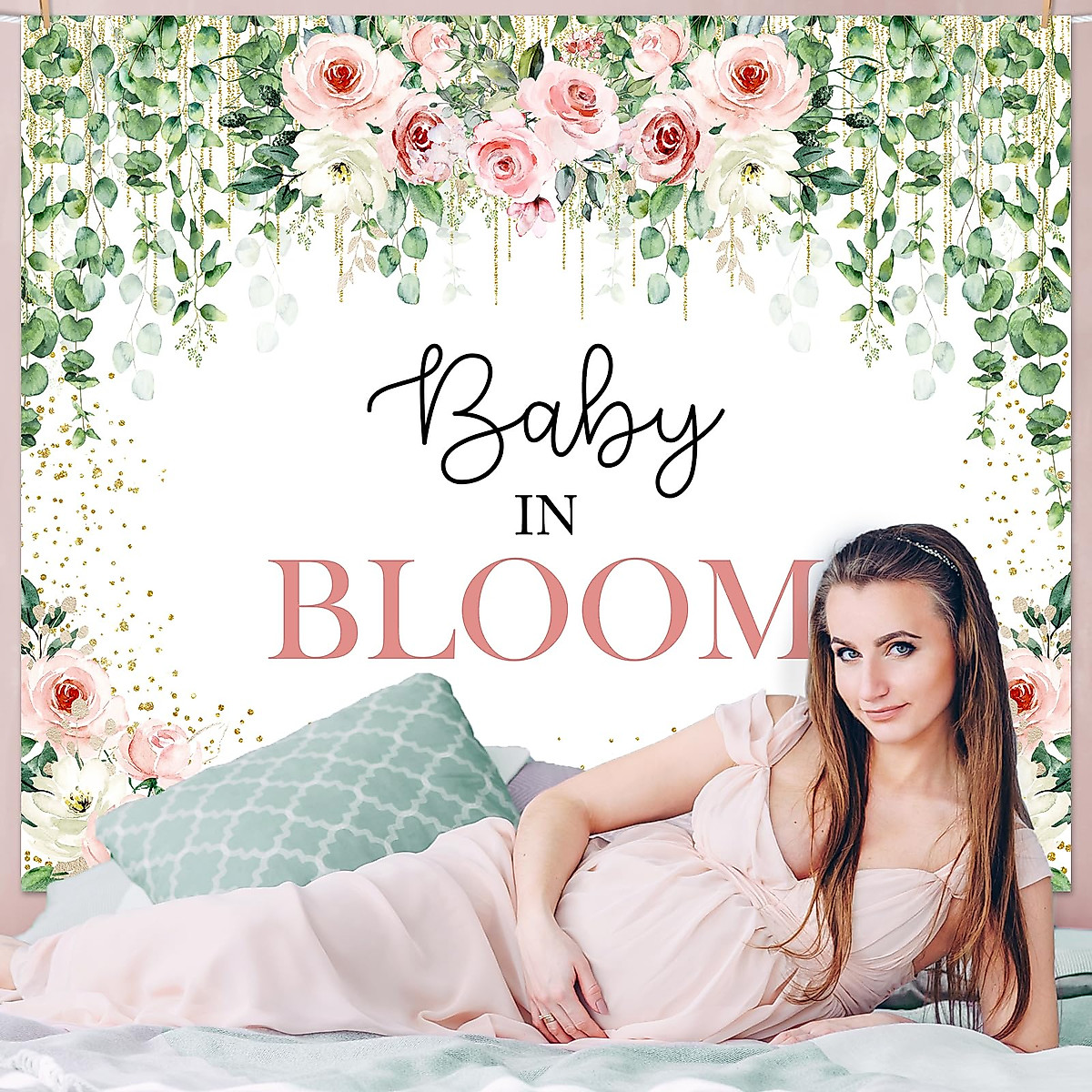 Avezano Baby in Bloom Backdrop Sage Green Leaves with Pink Flowers Baby Shower Party Decorations Baby Girl's Greenery Floral Nature Theme Photography Background Cake Table Banner (6x5ft(72x60in))