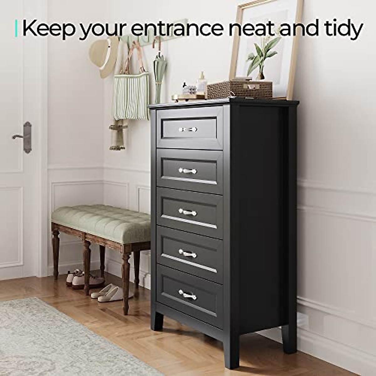 LINSY HOME Black Dresser, Black Chest of Drawers for Bedroom, 5 Drawer Dresser with Metal Handles, Tall Dresser for Nursery, Entryway, and Closet Storage