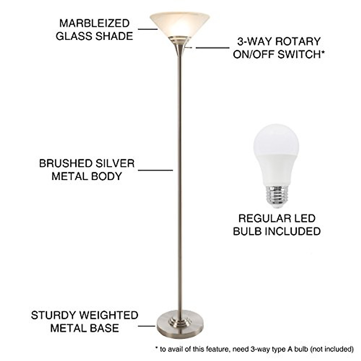 Lavish Home Torchiere Floor Lamp-Standing Light with Sturdy Metal Base and Marbleized Glass Shade-Energy Saving LED Bulb Included (Brushed Silver)