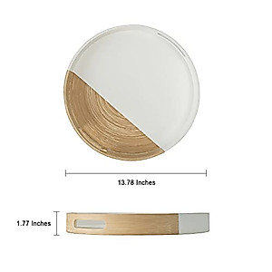 Kiwi Homie 13.78" Dia Spun Bamboo Serving Tray, Round Tray with Handles, Round Ottoman Tray, Semi White for Coffee Table, Serving Food on Home Dining Table, Restaurant (White)