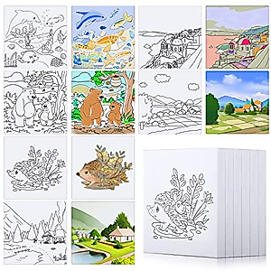 12 Pcs Pre Printed Stretched Canvas Stenciled Painting Canvas Panels Painting Canvas with Pictures to Paint 4 x 4 Inches Pre Drawn Canvas Kids Canvas Painting Set for Beginners Kid Student