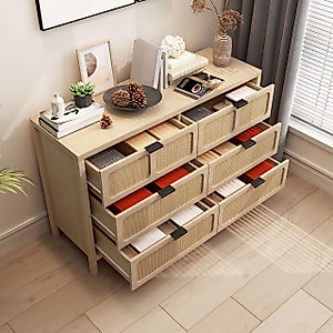 QEIUZON 6 Drawer Dresser, Modern Rattan Dresser Chest with Wide Drawers and Metal Handles, Farmhouse Wood Storage Chest of Drawers for Bedroom, Living Room, Hallway, Entryway (Natural-6 Drawers)