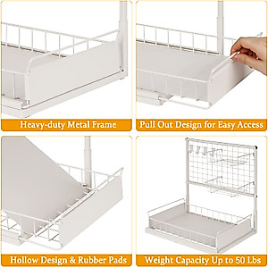 Ozzptuu Under Sink Organizers and Storage, Organizer Kitchen Bathroom Storage with Sliding Drawer 2 Metal Baskets 4 Hooks for Home Kitchen, New White-1 (ASDF1881)