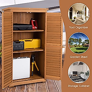 Goplus Outdoor Storage Cabinet, 63” Wood Garden Tool Shed with Double Lockable Doors 3 Shelves and Asphalt Roof, Multipurpose for Patio Lawn Garden Yard, Natural