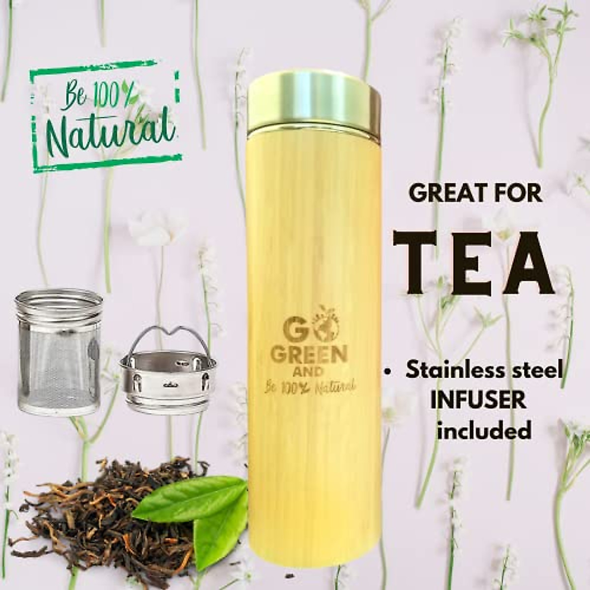 Go Green. Coffee and Tea Thermo Stainless steel double wall with tea infuser. Eco design. Coffee and tea. 18 oz. Leak proof lid. Best gift for coffee lovers. (Large)