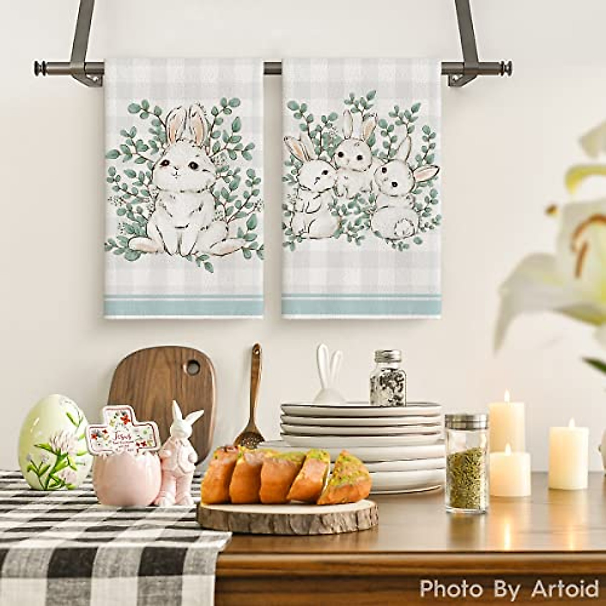 Artoid Mode Buffalo Plaid Rabbit Bunny Eucalyptus Leaves Easter Kitchen Towels Dish Towels, 18x26 Inch Seasonal Spring Holiday Decoration Hand Towels Set of 2