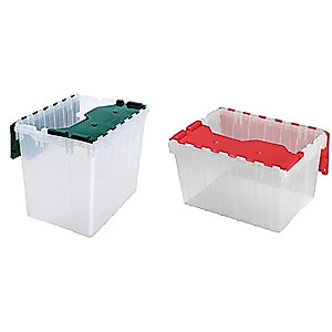 Akro-Mils 66497CLDGN Plastic Storage Container 18 Gallon KeepBox with Hinged Attached Lid, Clear/Green & Holiday Storage KeepBox Plastic Storage Container 12 Gallon with Hinged Attached Lid, Clear/Red
