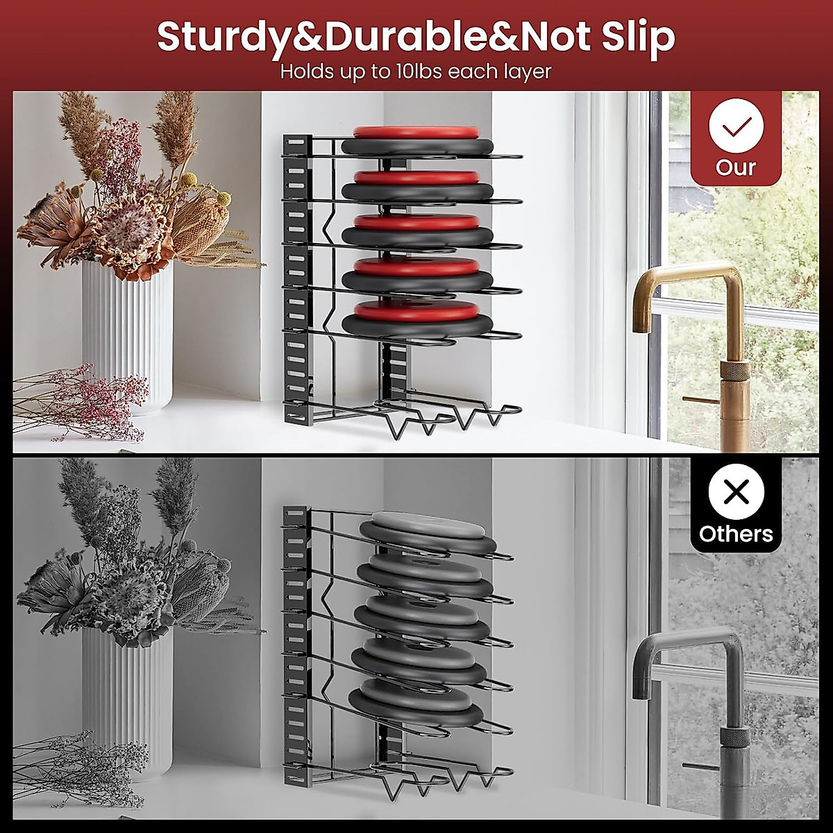 Podxco Pan Organizer Rack for Cabinet Pot Rack with 3 Diy Methods Adjustable Pot and Pan Organizer with 8 Tiers Pot Lid Organizer Holder Metal Heavy Duty Pot Organizer for Kitchen Counter and Cabinet