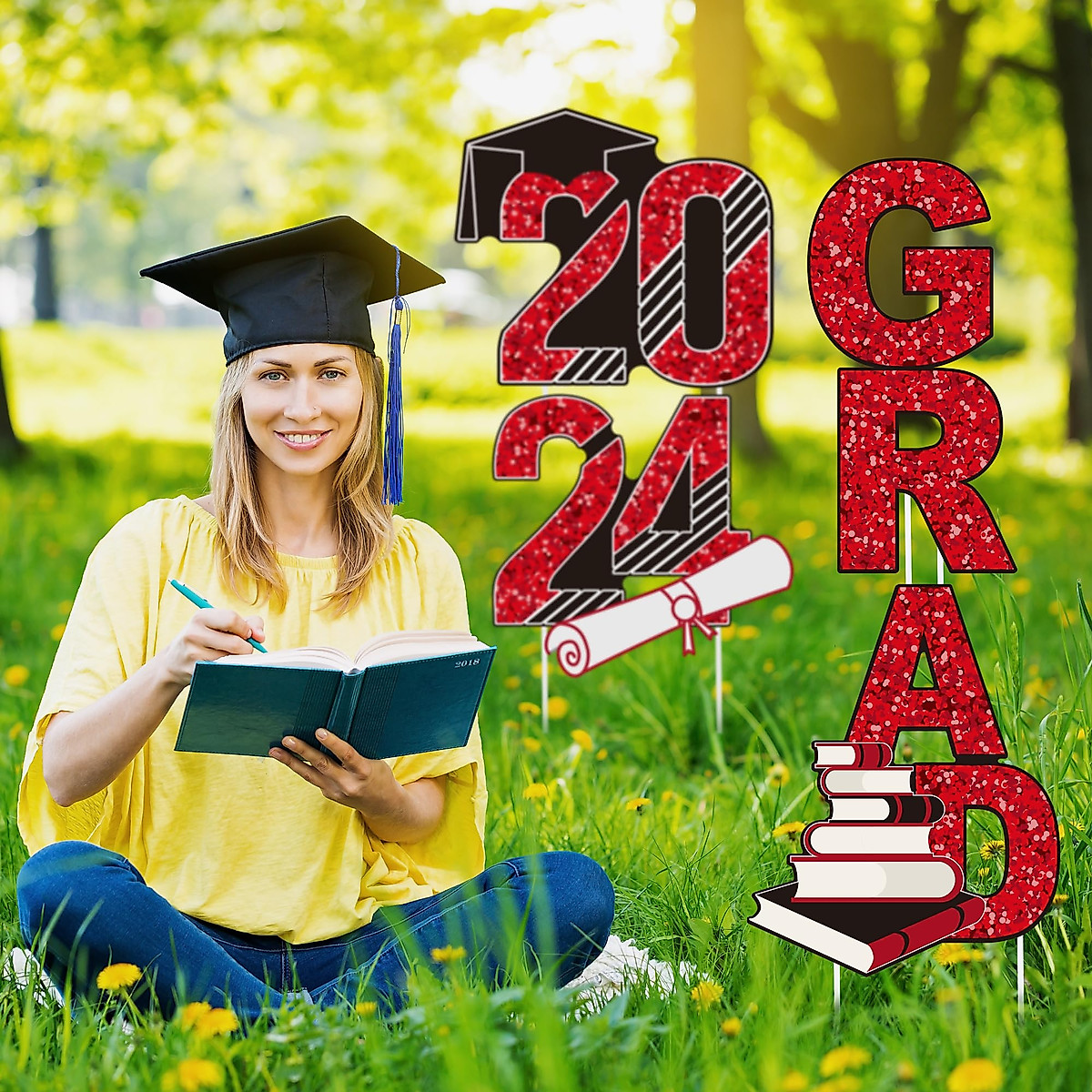 URATOT Red ''2024 GRAD'' Yard Signs Including 4 Pieces Glittering Graduation Yard Signs with 8 Pieces Stakes Party Outdoor Decorations, Waterproof Lawn Decor, Graduation Party Supplies