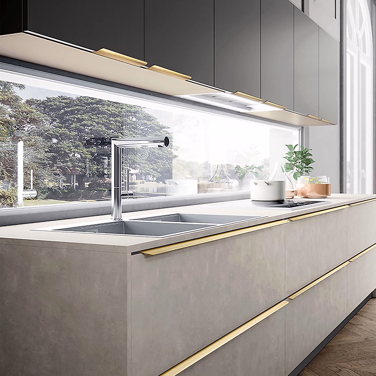 Satanga Edge Finger Pulls for cabinets Kitchen Invisible Hardware Concealed Drawer Pull Aluminum Hidden Door Long Handles Pack of 5 Modern Brushed Brass 11.81" Overall Length Easy Installation